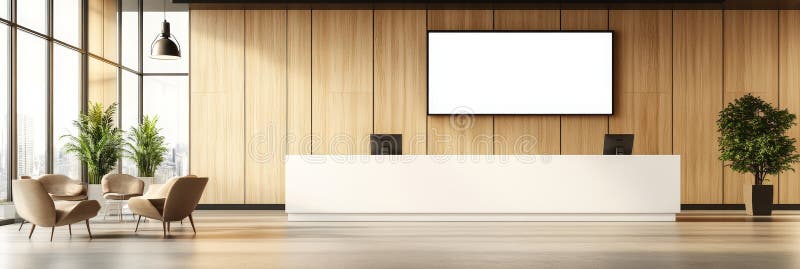 Modern Office Lobby Interior with Empty Screen, Reception Desk, Wooden ...