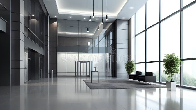Modern Office Lobby Interior with Glass Walls and Tiled Floor. 3d ...