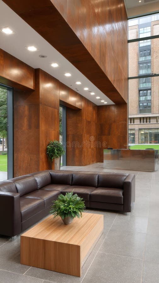 Modern Office Lobby Interior with Leather Sofa and Metal Reception Desk ...