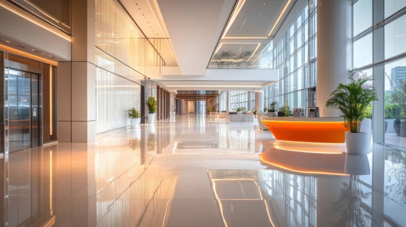 Modern Office Lobby Interior with Orange Reception Desk Stock ...