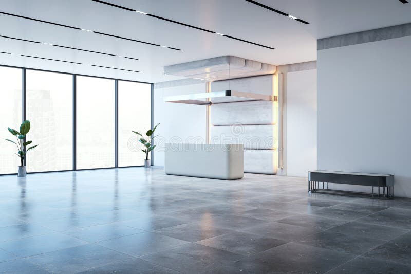 Modern Office Lobby Interior with a Reception Desk, Panoramic Windows ...