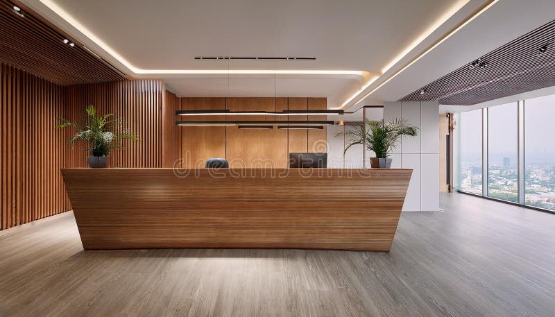 Modern Office Lobby Interior with Wooden Reception Desk. 3D Rendering ...