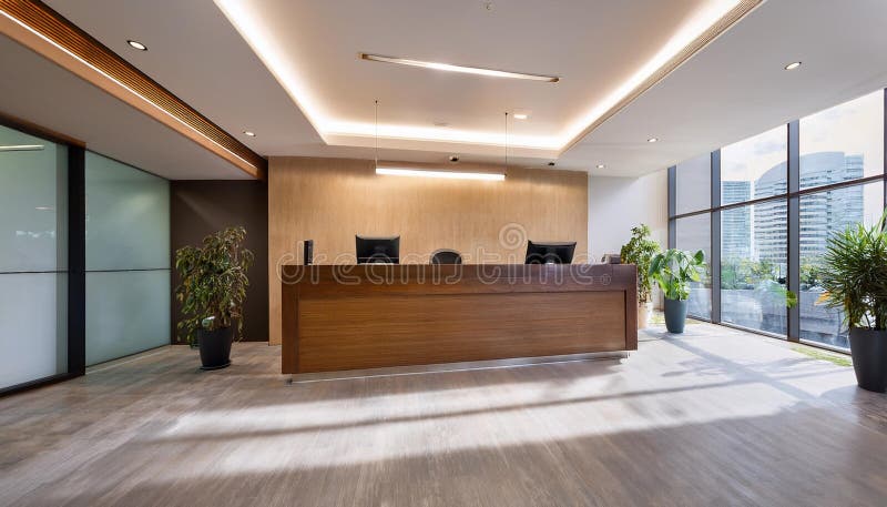 Modern Office Lobby Interior with Wooden Reception Desk. 3D Rendering ...