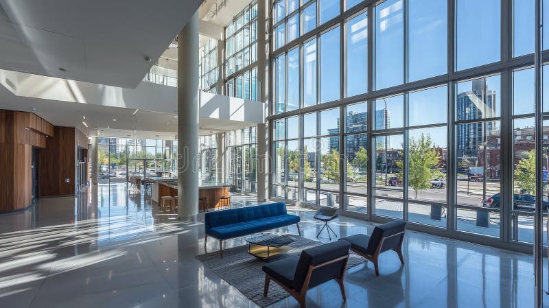 Modern Office Lobby with Large Windows, a Blue Couch, and Two Chairs ...