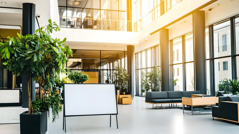Modern Office Lobby with Large Windows, Indoor Plants, and Seating Area ...