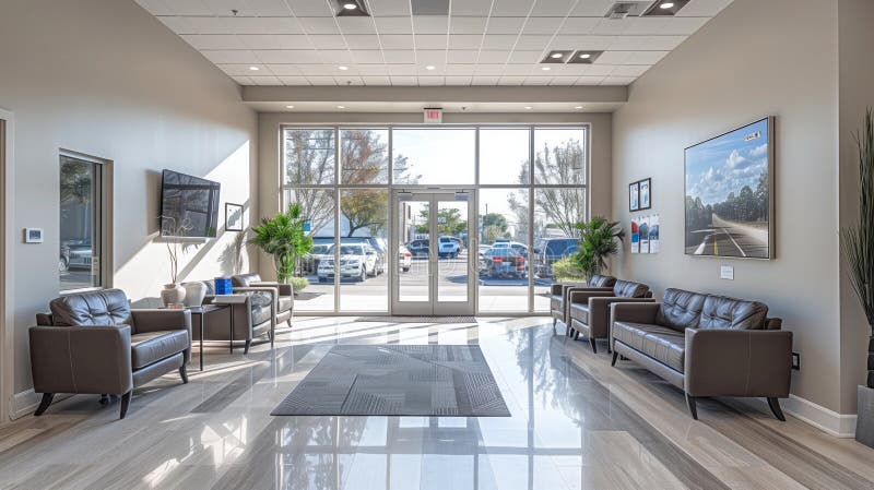 Modern Office Lobby with Leather Seating and Large Windows Stock Image ...