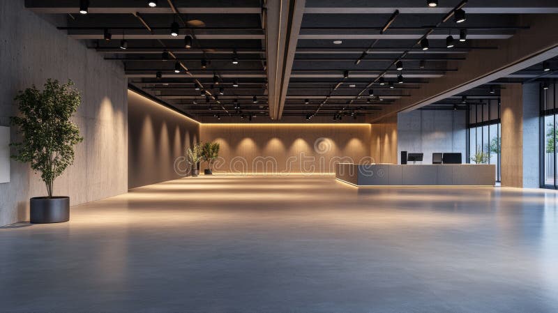 Modern Office Lobby with Minimalist Design and Warm Lighting Elements ...