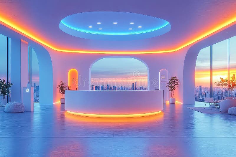 Modern Office Lobby with Neon Lights and City Skyline View Stock ...