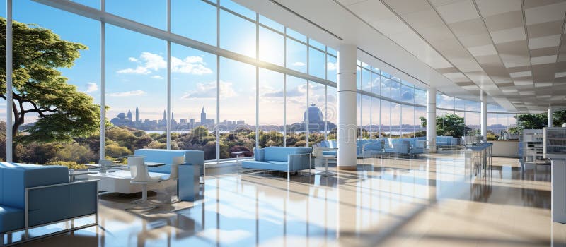Modern Office Lobby with Panoramic City View Stock Illustration ...