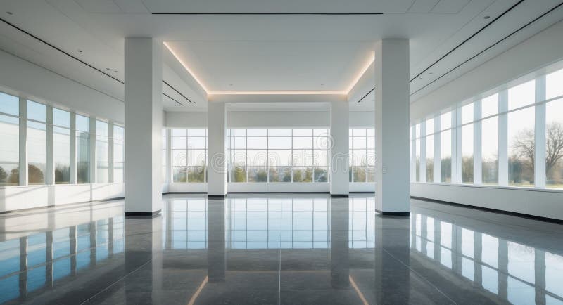 Modern Office Lobby with Polished Floor and Sunlit Windows. Stock Image ...