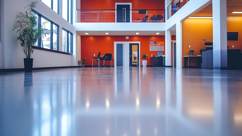 Modern Office Lobby, Polished Floor, Two-story Design, Employees ...