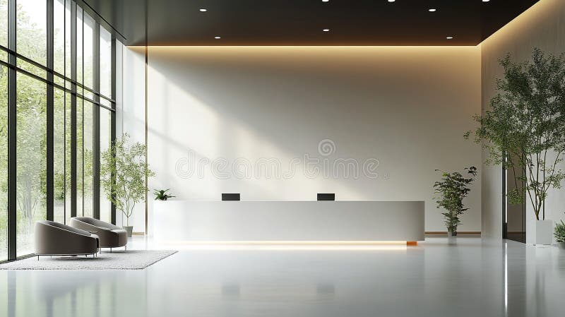 Modern Office Lobby with Reception Desk Plants and Window View Stock ...