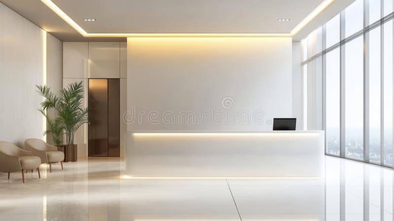 A Modern Office Lobby with a Reception Desk and Seating Area Stock ...