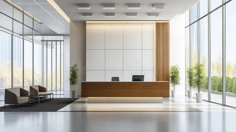 A Modern Office Lobby with a Reception Desk and Seating Area Stock ...