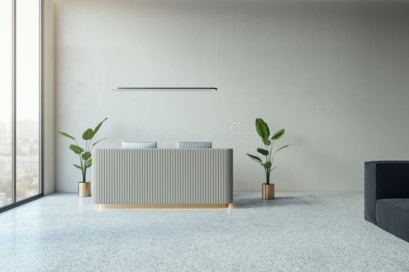 Modern Office Lobby with Reception Desk, Window with City View ...
