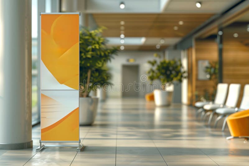Modern Office Lobby with Roll-up Banner Stand and Plants Stock Image ...
