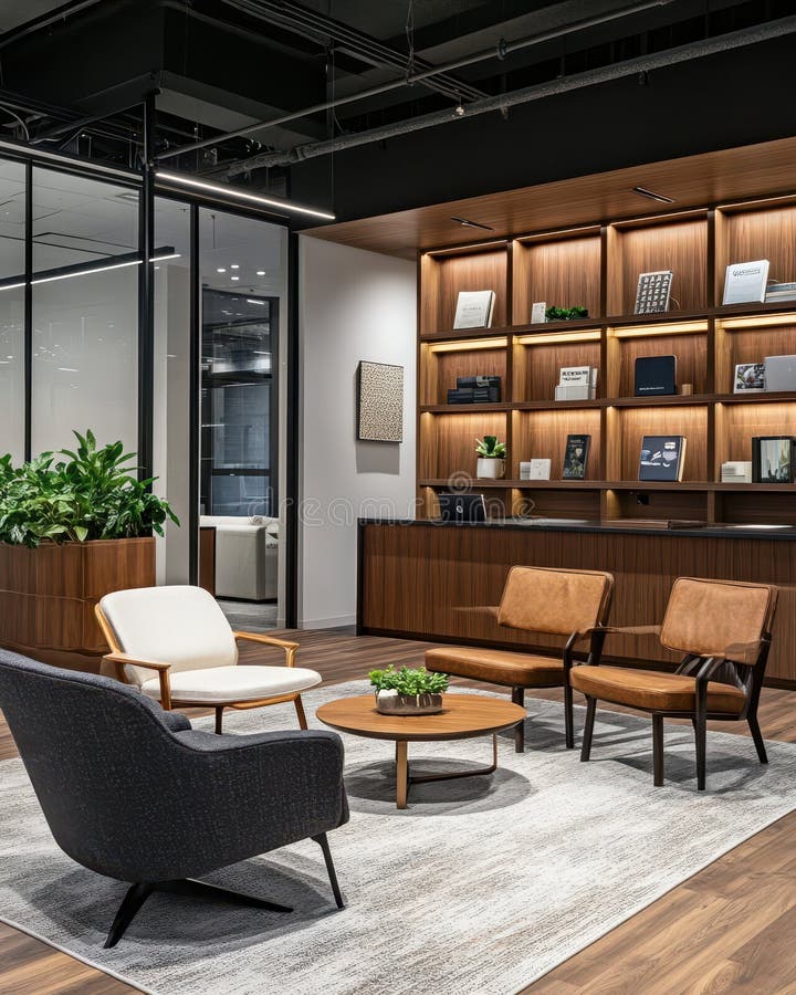 Modern Office Lobby with Seating, Plants, and a Bookshelf for a ...