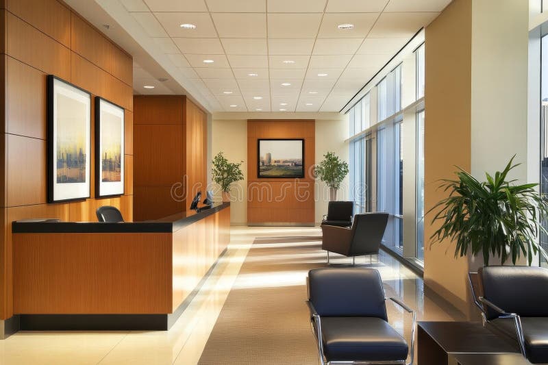 Modern Office Lobby Shows Reception Desk, Waiting Area, and Large ...