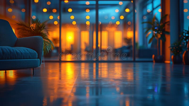 Modern Office Lobby with Warm Lighting and Reflections, Creating an ...