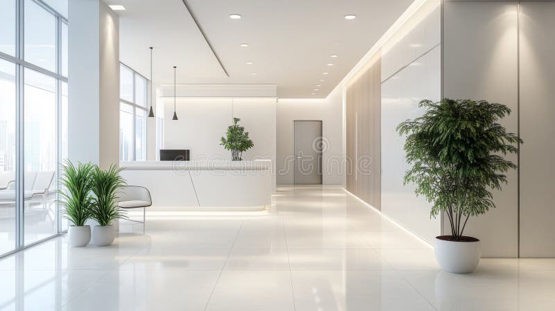 Modern Office Lobby with White Walls, Tile Floors, and Plants Stock ...