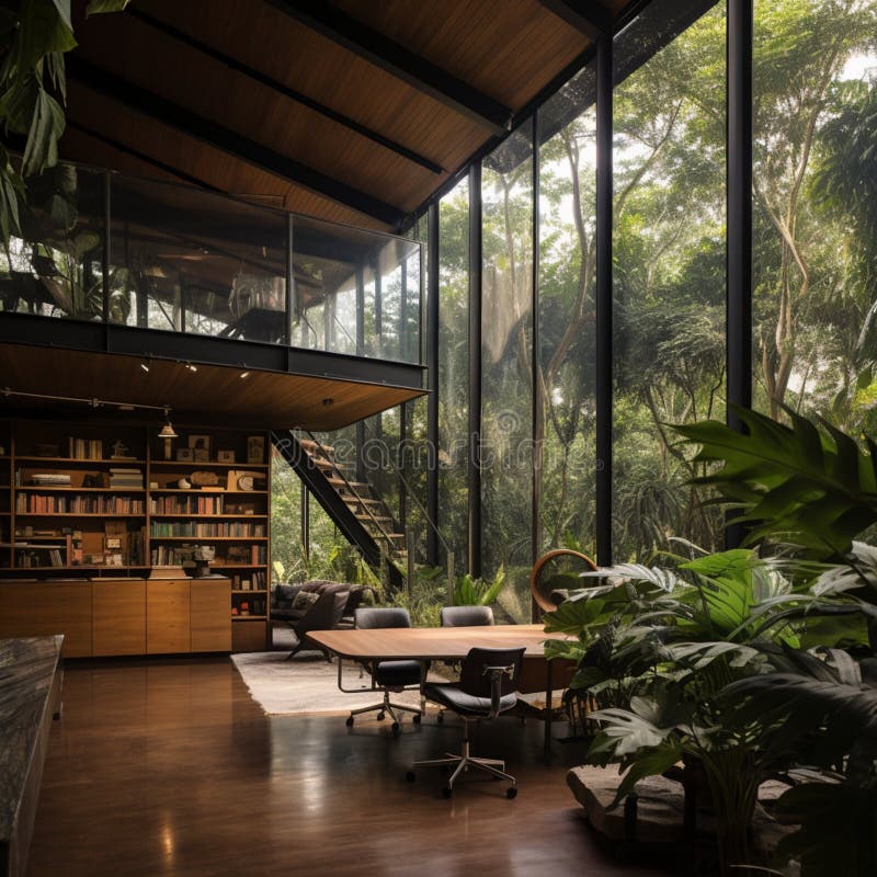 A Modern Office in a Loft Overlooking the Amazon Rainforest Stock ...