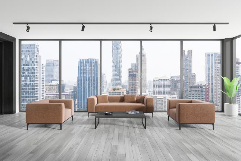Modern Office Lounge Area with Cityscape View through Large Windows. 3D ...
