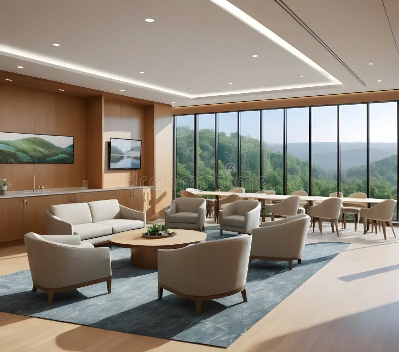 Modern Office Lounge Area with Panoramic Views of Nature Scenery Stock ...