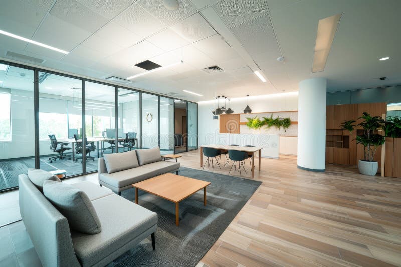 Modern Office Lounge Area with Wooden Flooring and Natural Light Stock ...