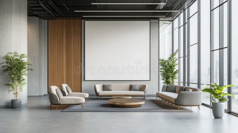 Modern Office Lounge with Elegant Furniture and Large Windows Stock ...