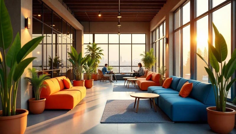 Modern Office Lounge with Vibrant Sofas and Indoor Plants Stock ...