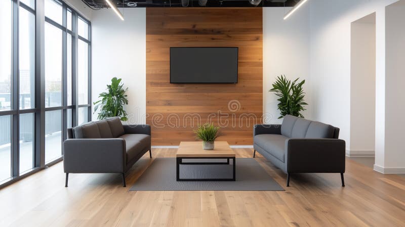 Modern Office Lounge with Gray Sofas, Wooden Wall, and Plants Stock ...