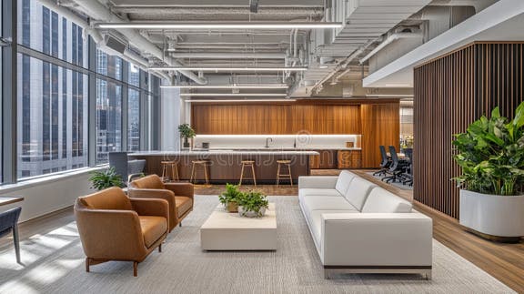 Modern Office Lounge with Kitchenette Stock Image - Image of furniture ...