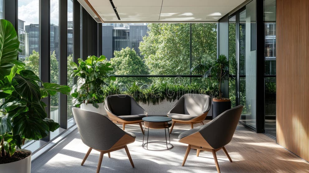 Modern Office Lounge with Large Windows, Plants, and Comfortable ...