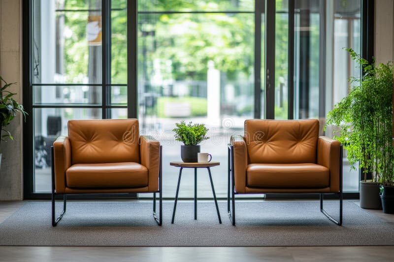 Modern Office Lounge with Leather Chairs and Indoor Plants by Large ...
