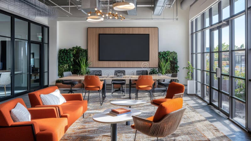 Modern Office Lounge with Orange Couches and a Large Window Stock ...