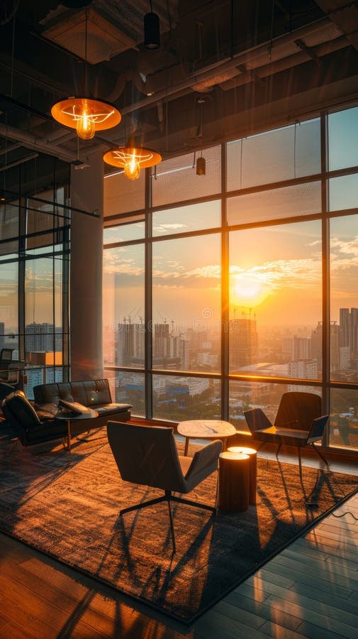 Modern Office Lounge with Sunset View through Large Windows Stock Photo ...