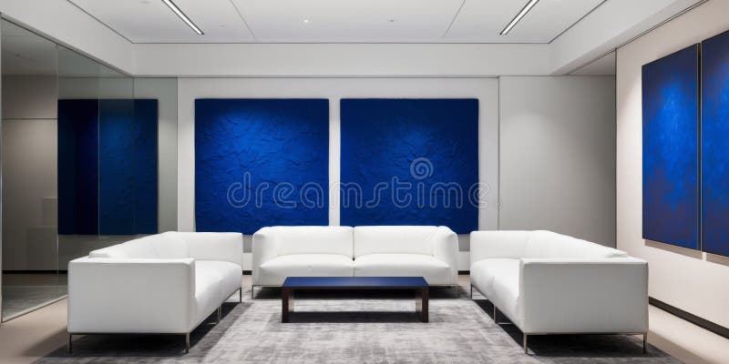 Modern Office Lounge with White Sofa and Blue Artwork. Stock ...