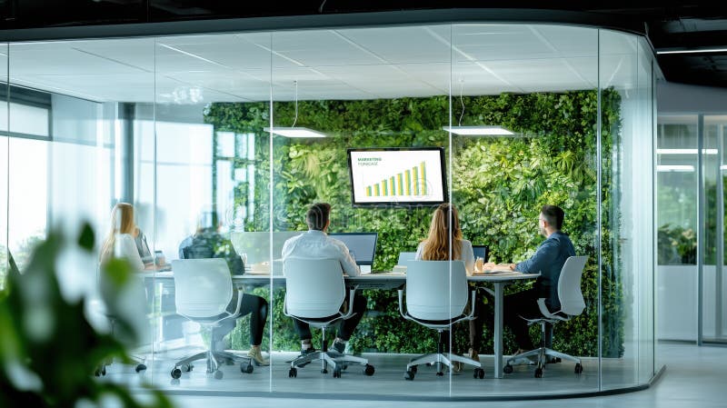 Modern Office Meeting with Greenery Backdrop and Engaged Professionals ...