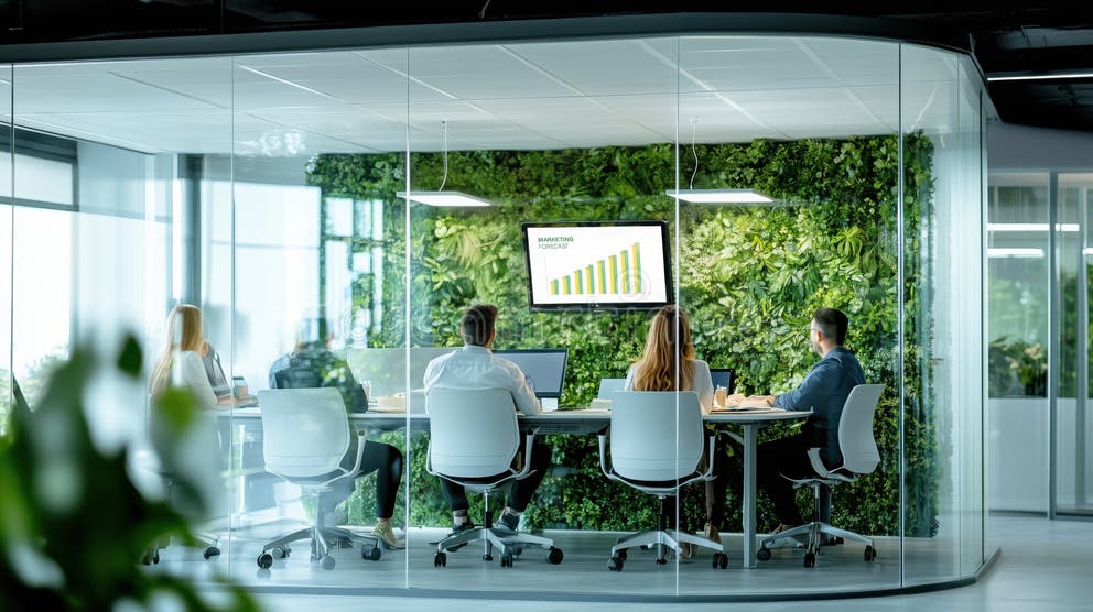 Modern Office Meeting with Greenery Backdrop and Engaged Professionals ...