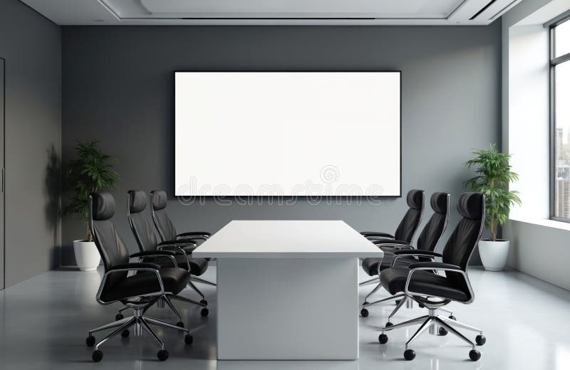 Modern Office Meeting Room with Blank Large Screen, Table, Rolling ...