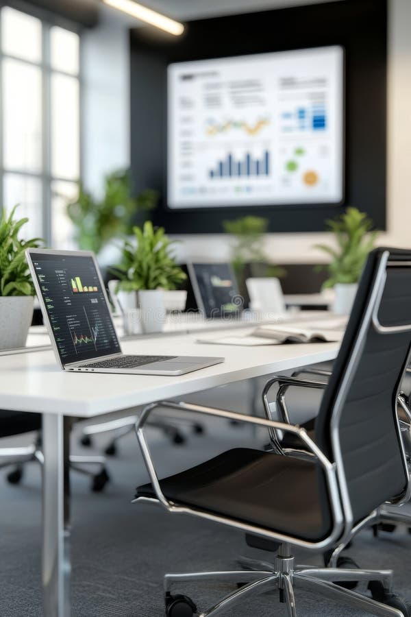 Modern Office Meeting Room with Plants and a Large Screen Displaying ...