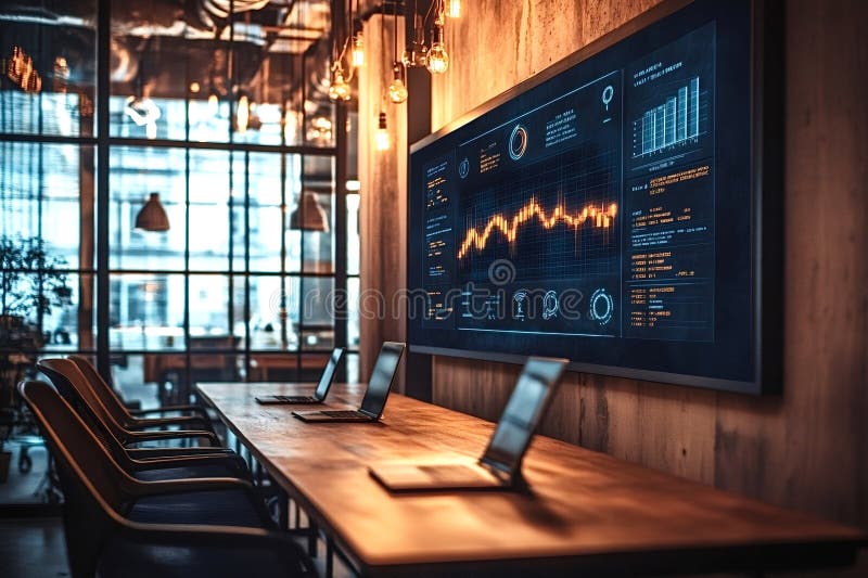 Modern Office Meeting Room Showing Graphs and Data on Large Screen ...