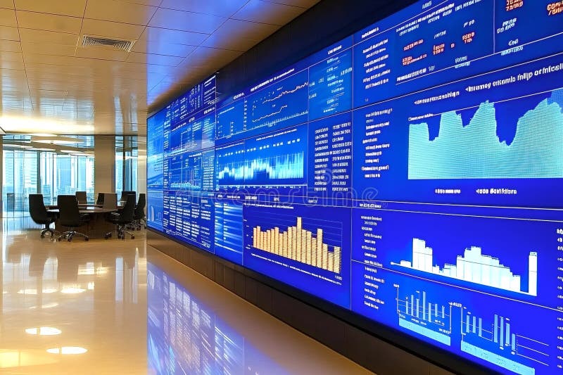 Modern Office Meeting Room Showing Graphs and Statistics on Large ...