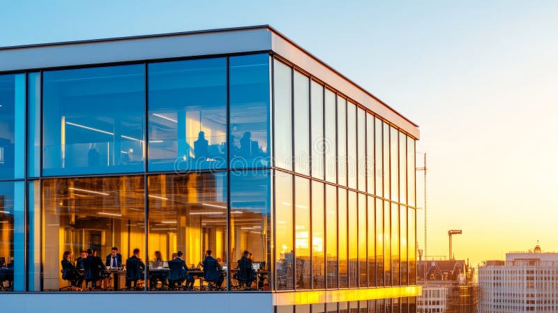 Modern Office Meeting at Sunset in Glass Building Stock Illustration ...