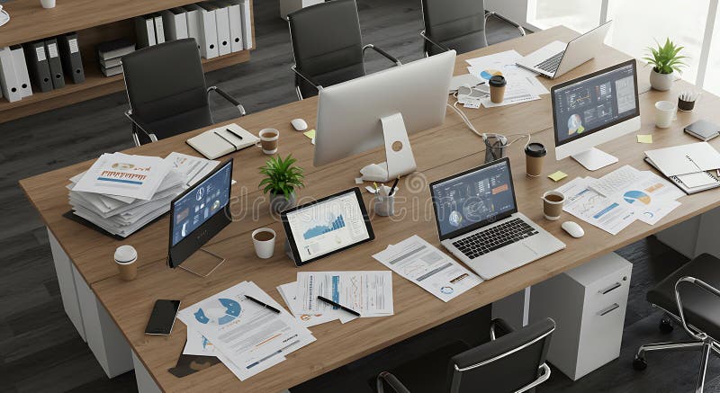 Modern Office Meeting Table with Computers Documents and Plants for ...