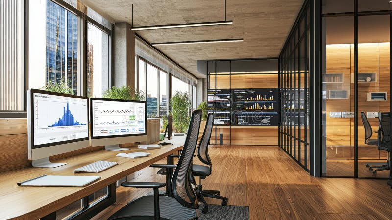 Modern Office with Monitors Displaying Financial Analysis Dashboards ...
