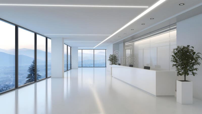 Modern Office with Mountain View: a Serene Workspace Stock Illustration ...