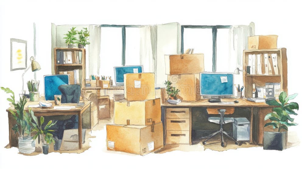 Modern Office Move with Boxes and Computers in Watercolor Art. Concept ...