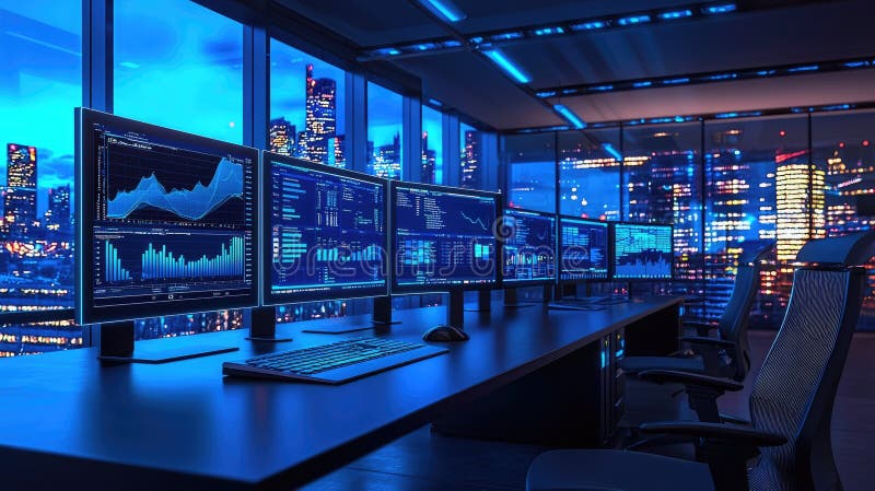 Modern Office with Multiple Computer Screens Displaying Data Analytics in Night Cityscape Stock ...
