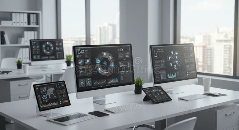 Modern Office with Multiple Computer Workstations Featuring Large ...